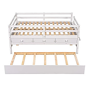ODC Low Loft Bed with Trundle Bed and 3 Storage Drawers, Multifunctional Full Size Loft Bed with Climbing Ladder, Solid Wood Bed Frame with Full Safety Fence for Kids Boys Girls