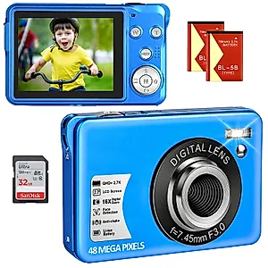 Digital Camera for Kids, 2.7K Digital Camera for Teens, Boys and Girls, 16X Digital Zoom Camera with 32GB SD Card and 2 Batteries (Blue)
