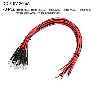 uxcell 70pcs Mixed Colour 3mm LEDs Prewired Light DC3-5V 20cm Pre Wired LED