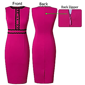 VFSHOW Womens Wear to Work Button Patchwork Trim Crew Neck Fitted Office Business Party Cocktail Bodycon Pencil Sheath Dress (Hot Pink, Large) 10186 PIK L