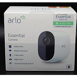 Arlo Essential Wire Free Security Camera (No Spotlight) 1 Pack (Wireless Security System, 1080p Video, Indoor/Outdoor Camera, Night Vision, Surveillance, 2 Way Audio, Weather Resistant) VMC2020W