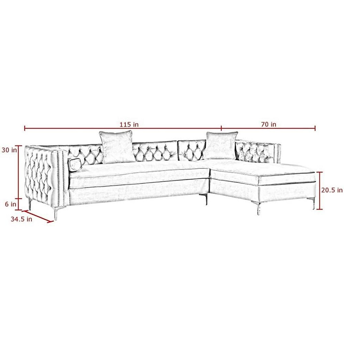 MAKLAINE 115" Velvet Secitional Sofa with Right Facing Chaise in Purple