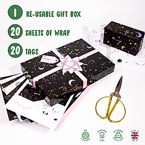 CENTRAL 23 Wrapping Paper Jumbo Set (x20 Sheets) - Starsigns - Zodiac - For Women - Girls - Black White Monochrome - Space Gift Wrap for Boys - Horoscope - With Gift Box & Lid