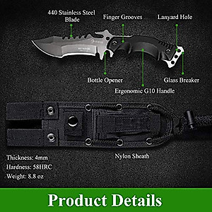 NedFoss 9.25" Fixed Blade Hunting Knife Bushcraft Knife, 440 Stainless Steel Full Tang Survival Knife w/G10 Handle and Sheath for Outdoor Camping, Fishing (GRAY WOLF)