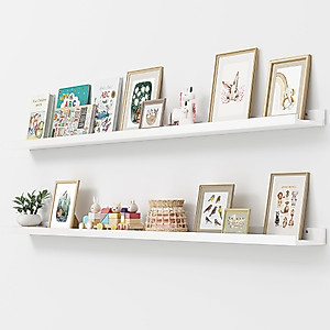 Picture Ledge Shelf, Floating Shelves Set of 2, Solid Pine Wood 72'' Long Large Nursery Book Shelves for Toys Storage, Kids Bookshelf for Living Room Bedroom Decor Books Photo Frames, White