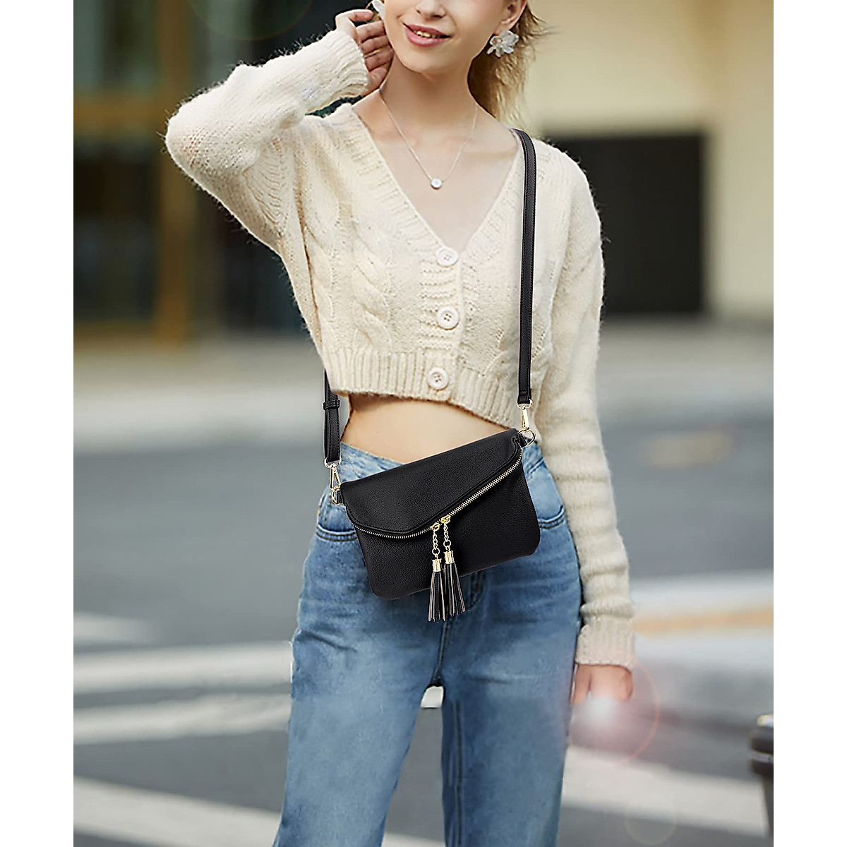 UTO Envelope Wristlet Clutch Crossbody Bag for Women Double Tassel Cellphone Trendy Purse with Strap and Zip Pocket Dahlia Red