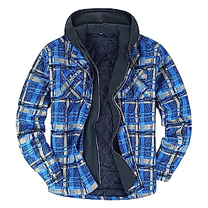 Ymosrh Mens Hooded Jackets, Men's Long Sleeve Lined Shirt Jacket With Hood Zip Up Winter Coats For Men Chamarra Para Hombre El Frio Plaid Jacket Clothes Jackets & Coats Jacket Fleece (XXL, Blue)