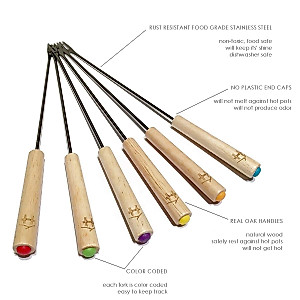 Homey Product - Set of 6 Fondue Forks - Rust Resistant Stainless Steel Skewer Sticks with Natural Bare Oak Wood Handles - 9.5" and Perfect for Melted Cheese, Meat, Fruit and More
