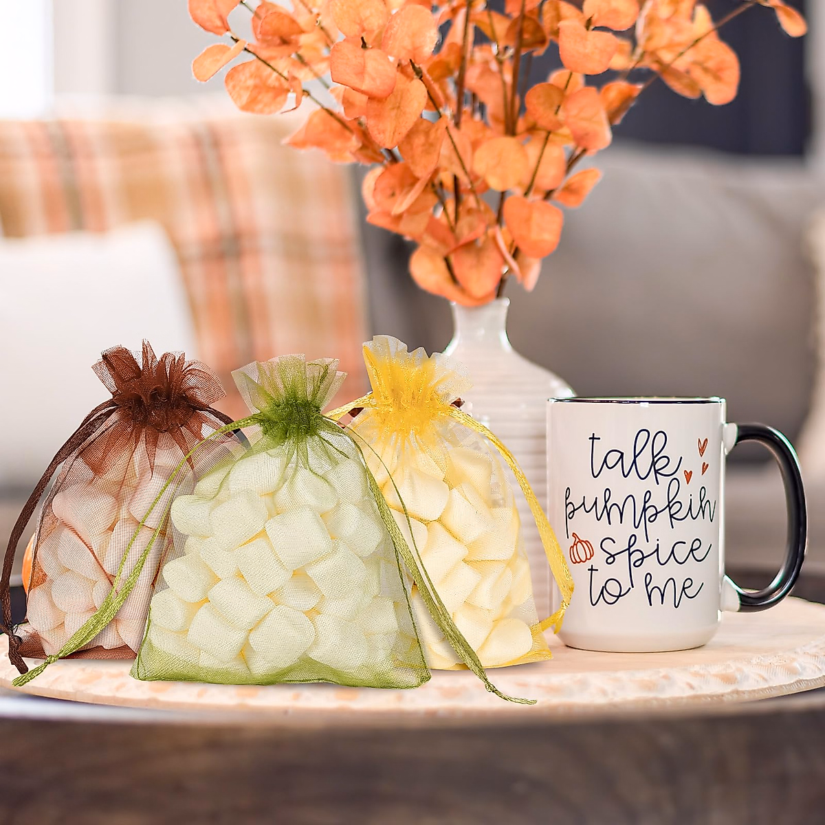 Whaline 120 Pcs Fall Organza Bags Drawstring Orange Yellow Green Brown Autumn Holiday Gift Bags Thanksgiving Jewelry Gift Bags Candy Goodies Treat Bags for Wedding Baby Shower Birthday Party Favor