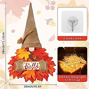 Gnome Fall Wreath for Door Decor, 28 Inch Hello Fall Sign with Maple Leaf Fairy String Lights for Autumn Harvest Thanksgiving Front Porch Wall Mantel Fall Home Decorations