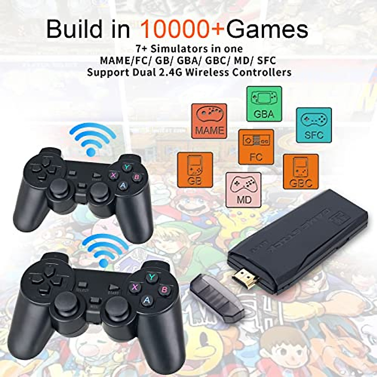 Retro Video Game Console, Wireless Handheld Game Console, Ombsyej 10000+ Classic Game, 2.4G Wireless Controllers, 7 Emulator Consoles, HDMI Output TV Video, Ideal Gift for Kids and Adults, 64G