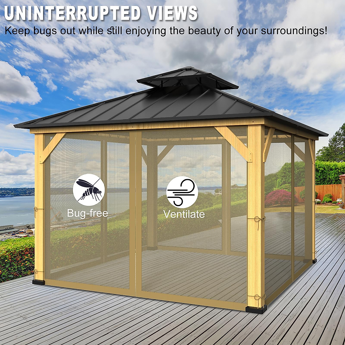 10-ft x 10-ft Gazebo Netting Replacement,Universal 4-Panel Mosquito Netting for Gazebo with Zippers(Only Netting)-Beige