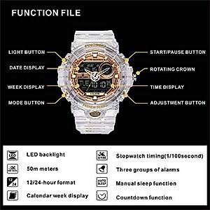 PINDOWS Men Digital Sports Watch, Outdoor Waterproof Military Digital Watch LED Screen Large Face Dual Dial Time and Stopwatch Alarm Wristwatch (Black Gold)