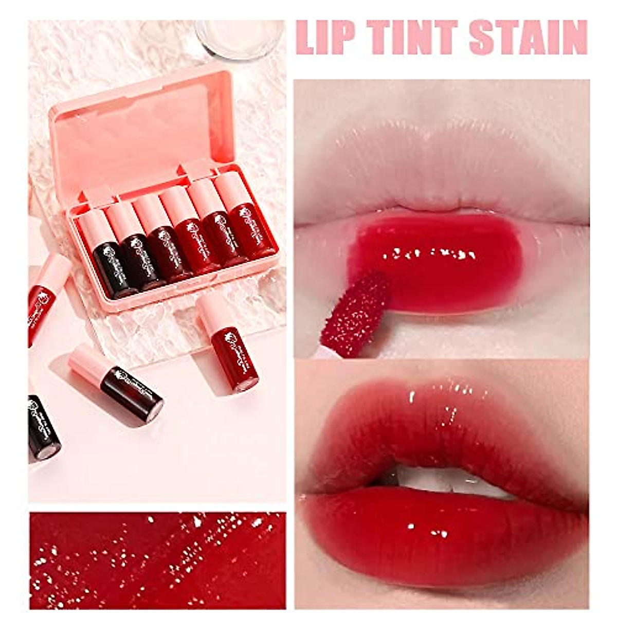 6 Colors Lip Tint Stain Set, Korean Velvet Lip Tint Watery Lip Stain Tint Moisturizing Mini Liquid Lipstick, Multi-use Lip and Cheek Tint, Long lasting Non-Stick Cup Waterproof, Shimmery, Lip Color Makeup