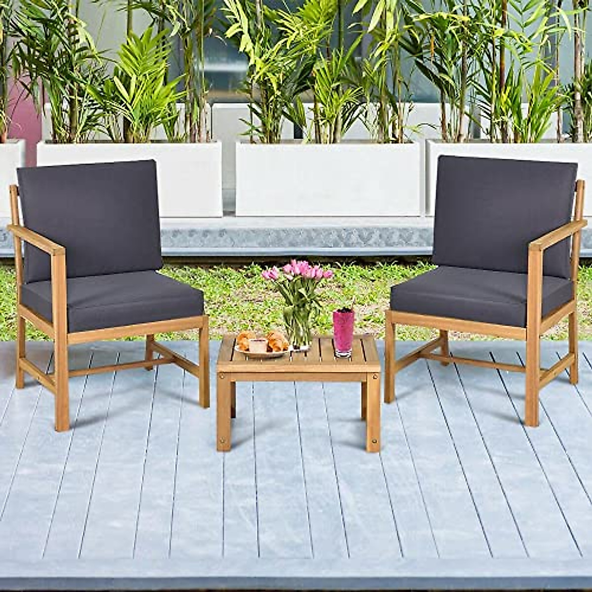 XXXDXDP 3 PCS Patio Table Chairs Set Solid Wood Thick Cushion Sectional Garden Furniture