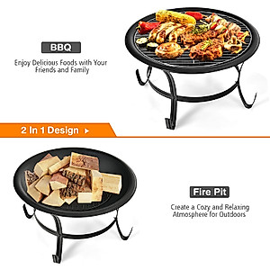 Giantex 22" Outdoor Firebowl, Portable Firepit Bowl with BBQ Grill Mesh Spark Screen Cover, Poker and 2 Log Grates/Grilling Grate and Wood Grate, Wood Burning Fire Pit w/Grilling Handle