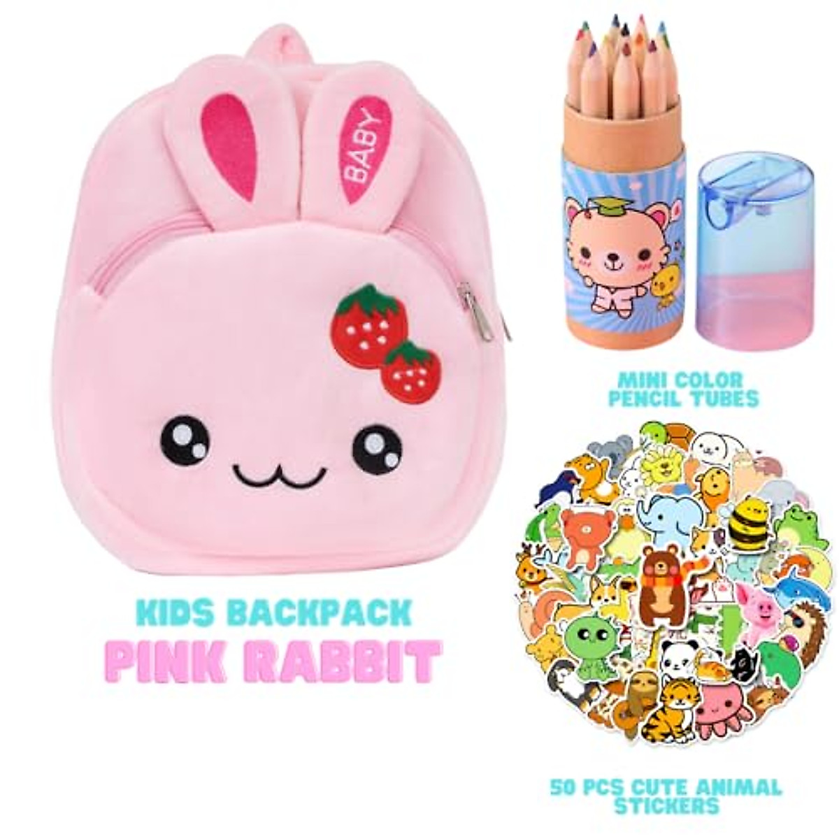 Kids Small Backpack Set - Animal Plush Backpack For Kids - Cute & Functional With Fun Accessories - Includes Cartoon Stickers and Mini Color Pencil Tubes - (Pink Rabbit)