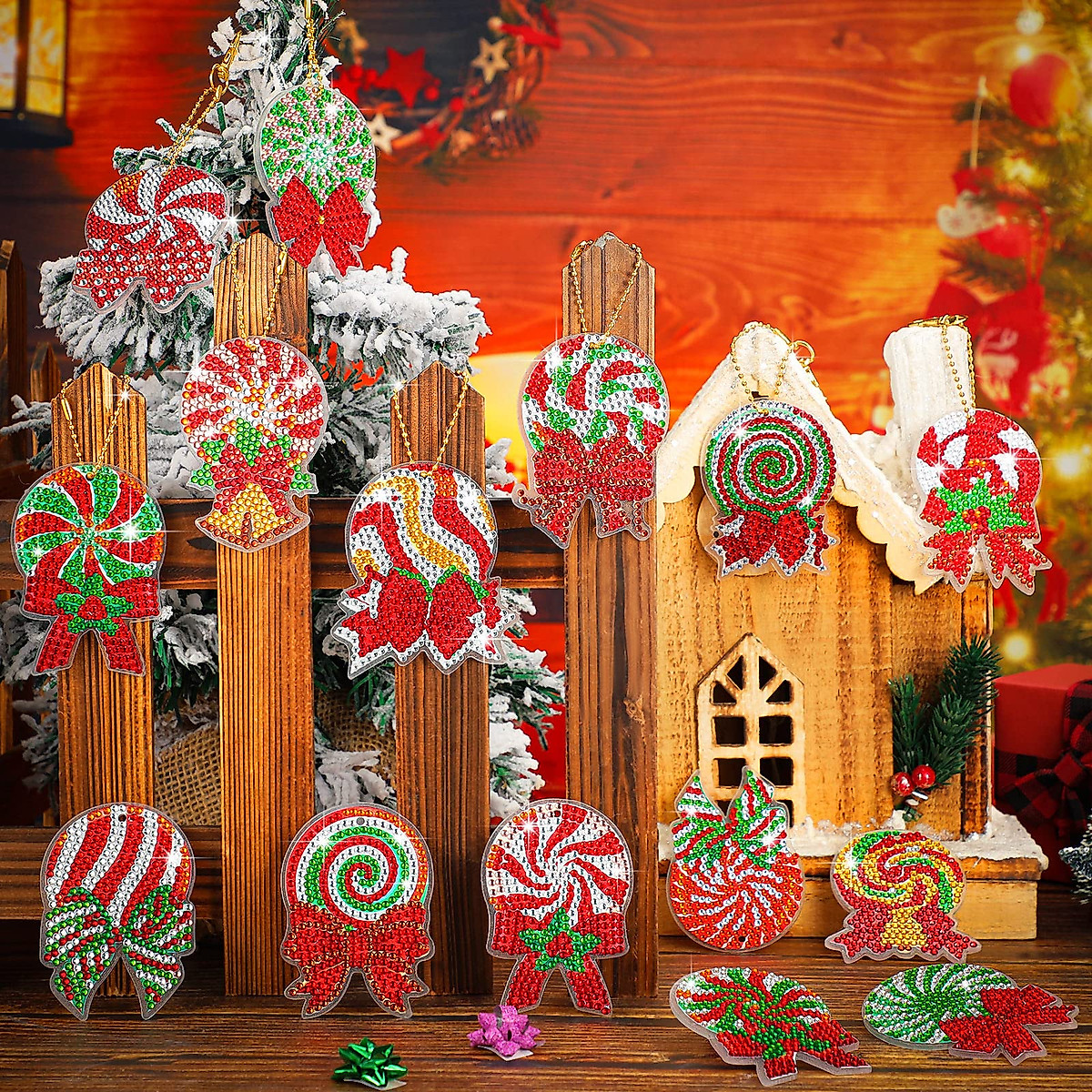 15 Pieces Christmas Diamond Painting Keychain Diamond Painting Ornaments 5D DIY Diamond Painting Keychain Hot Cocoa Christmas Diamond Art Ornaments for Kids Christmas DIY Crafts (Candy)
