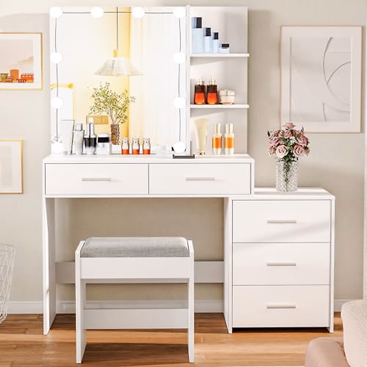 usikey 43.5in Large Vanity Desk with Mirror and 10 LED Lights, Makeup Vanity Table with Lights and 5 Drawers, White Vanity Table Vanity Set with Storage Shelves and Stool for Women Girls, White