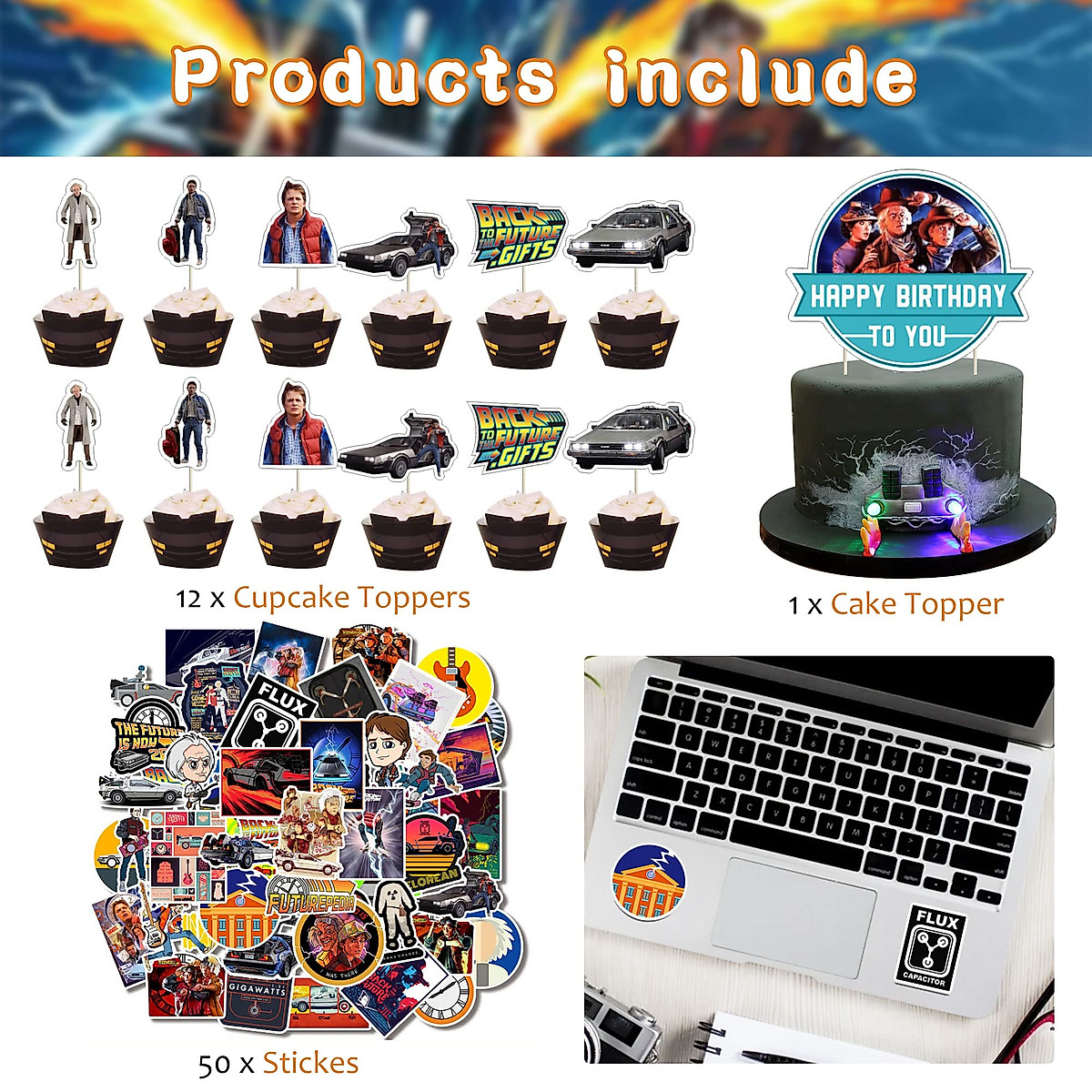 Back to the future Party Decorations,Back to the future Birthday Party Supplies Includes Banner - Cake Topper - 12 Cupcake Toppers - 21 Balloons - 50 Stickers