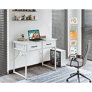ODK Small Desk with Fabric Drawers- for Bedroom, White Vanity Desk with Storage, Home Office Computer Desk for Small Spaces, 32 Inch Modern Work Writing Study Table, White