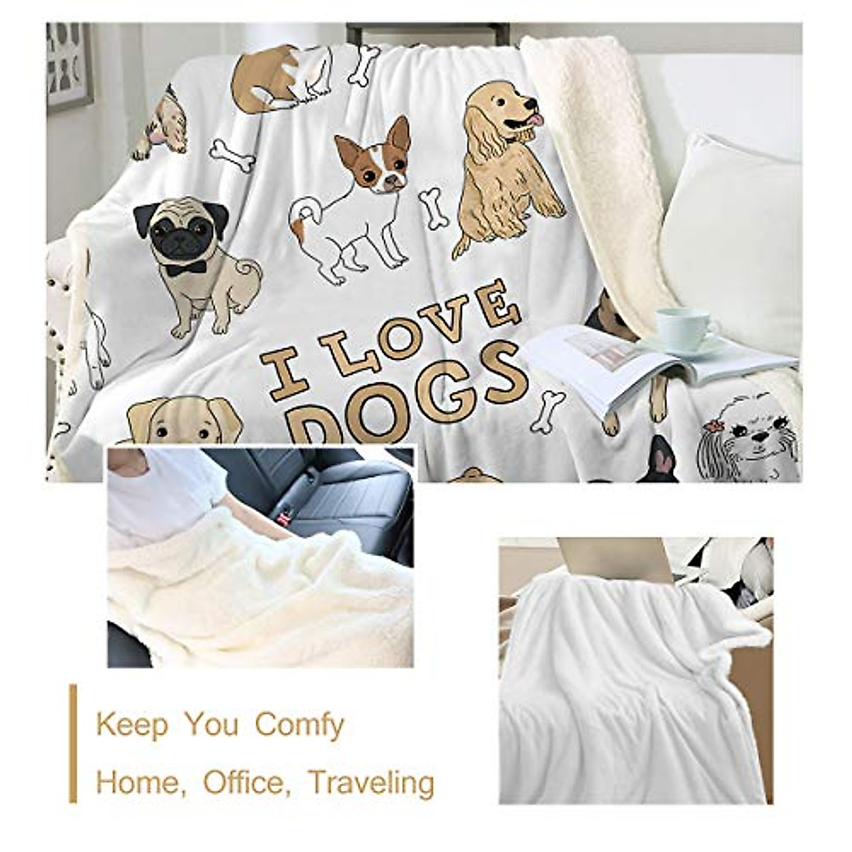 Sleepwish Puppy Dog Design Sherpa Blanket Cute Cartoon Pet Fleece Throw Blanket Super Soft Fuzzy Reversible Plush Blankets for Bed Sofa Twin (60" X 80")