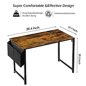 Lufeiya Small Computer Desk Study Table for Small Spaces Home Office 39 40 Inch Rustic Student Writing Desk with Storage Bag,Brown