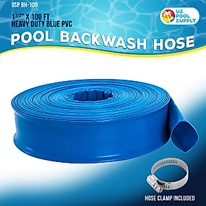 U.S. Pool Supply 1-1/2" x 100' Heavy Duty Blue Flexible Swimming Pool Backwash Hose with Hose Clamp