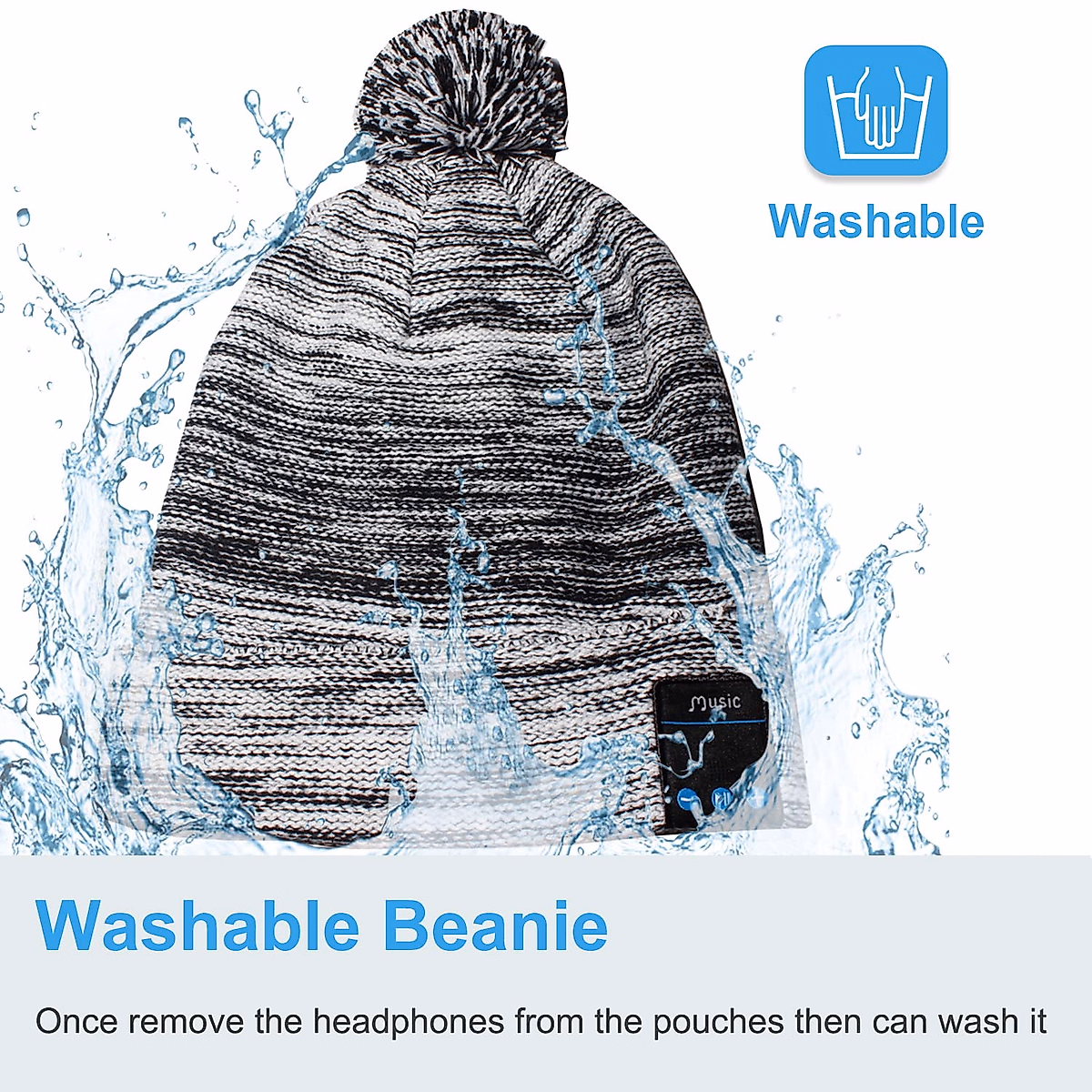 Rotibox Wireless Bluetooth Beanie Hat Pom Pom Headphone Headset Music Audio Cap for Women Men with Speaker & Mic Hand-Free Outdoor Sports Present Compatible with iPhone Samsung Cell Phones, Black