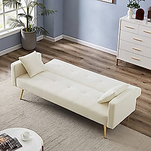 Sofa Couch Futon Sleeper Sofa with Adjustable Back, Velvet Loveseat Sofa with Metal Legs for Living Room, Bedroom, Small Space (White)