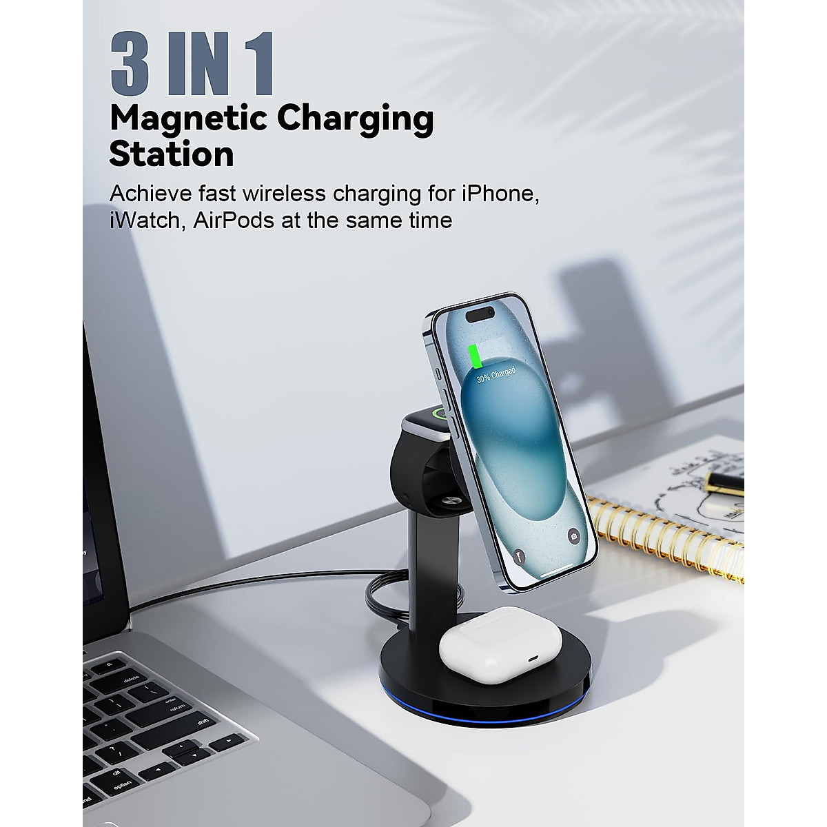 Magnetic Wireless Charger 3 in 1 - NANAMI Fast Wireless Charging Station for Multiple Devices Mag Safe Charger Stand for Apple Watch Series 8/7/SE, Phone Charger Dock for iPhone 15/14/13/12, AirPods
