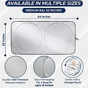 EcoNour Car Windshield Sun Shade | Reflective Sunshade for Ultimate Protection | Overlapping Design | 240T Polyester | Fits Small Sedans, Mini SUVs, Hatchbacks | Medium (64x32 inches)