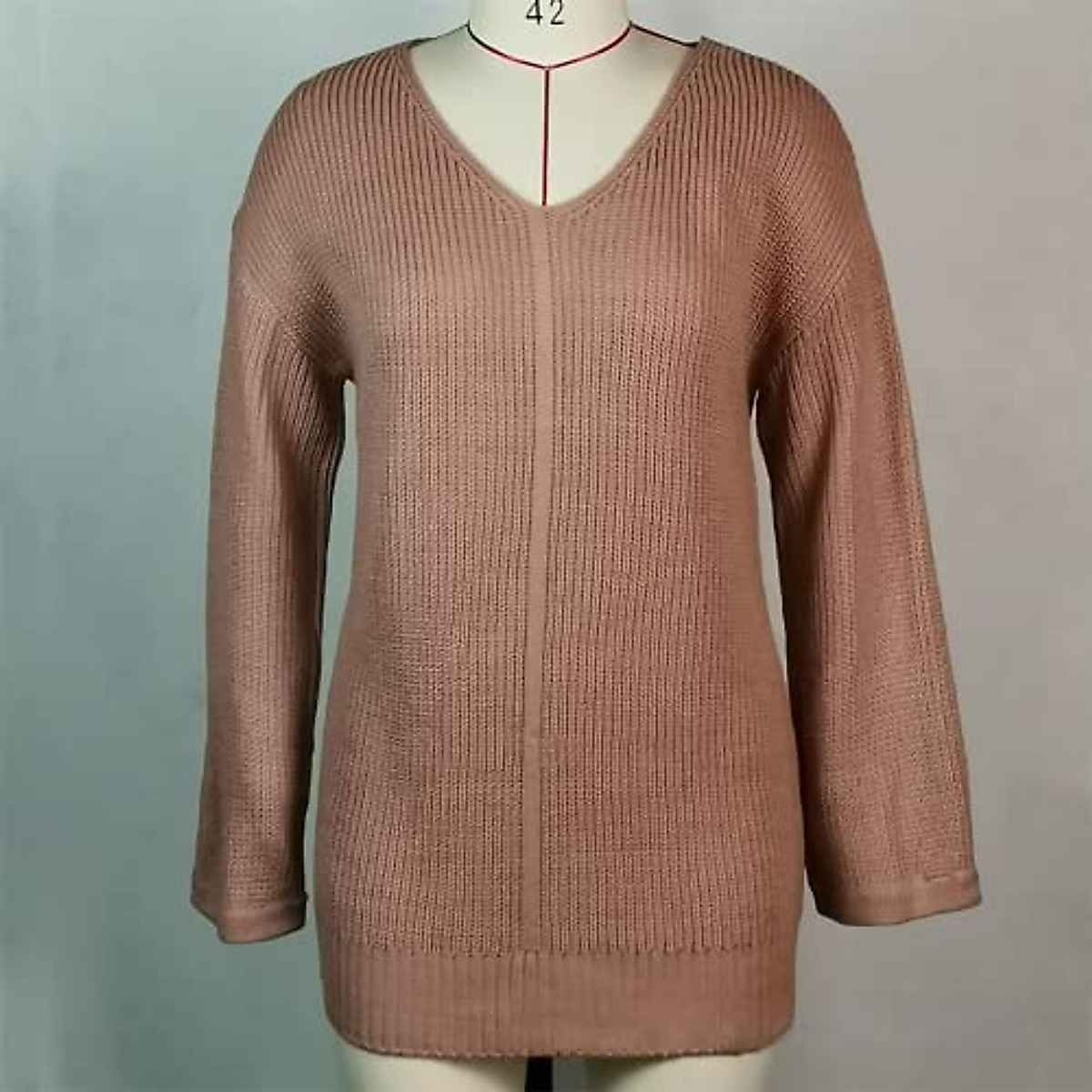 Mayntop Womens Sweater Jumper Mini Dress Solid Color Plus Size V-Neck Long Sleeve Plain Knitted Tops Loose Knitting Knitwear Tunic(A Khaki,XL)