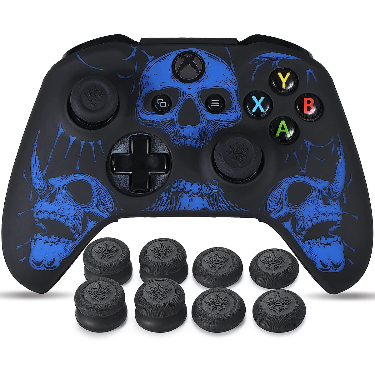 YoRHa Laser Carving Silicone Skin for Xbox One S/X Controller x 1(Skulls Blue) with Exclusive Thumb Grips x 8