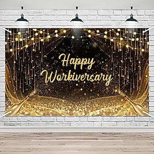 Lofaris Happy Work Anniversary Decorations Black Gold Happy Workiversary Banner Background for Office Party Staff Banner Employee Appreciation Party Decoration 70.8x43.3inch