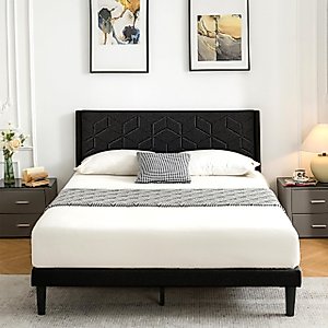 ZFAEUL Queen Size Platform Bed Frame with Fabric Upholstered Headboard and Strong Wooden Slats Support,Mattress Foundation,No Box Spring Needed,Easy Assembly, Black
