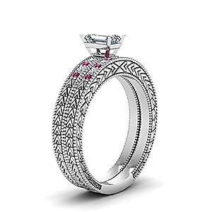JewelryGift Antique Design Pave Engagement Rings sterling silver Created Pink Sapphire Emerald shape Pink color Milgrain Engagement Rings pave Setting in Size 11 Fashion Jewelry