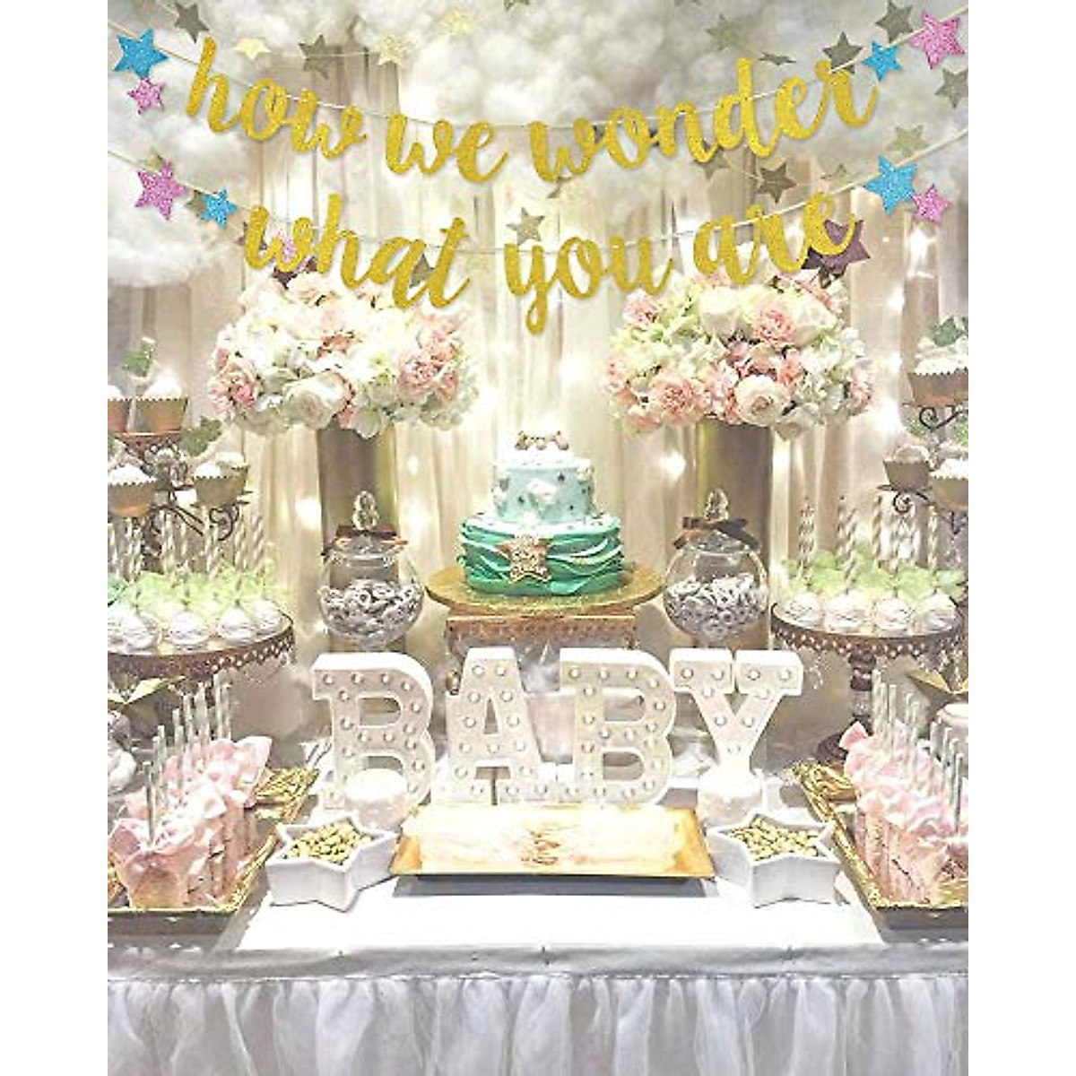 How We Wonder What Your are Glitter Banner Pre-Strung for Twinkle Twinkle Little Star Gender Reveal Party Decorations