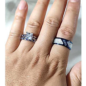 ringheart 2 His and Hers Ring Couple Rings White Gold Plated Princess Cut Cz Womens Wedding Ring Sets Red Titanium Steel Mens Wedding Bands