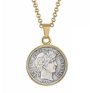 American Coin Treasures Silver Barber Dime Goldtone Coin Pendant with 18" Chain Necklace - Genuine and Elegant Keepsake Jewelry for Women | White Luxury Gift Box Included