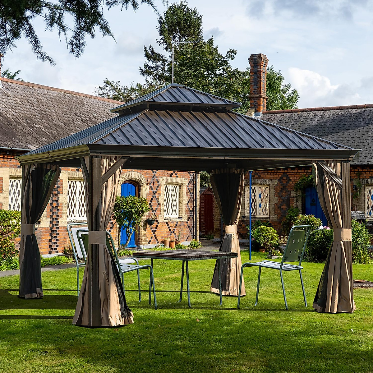 12' x 12' Hardtop Gazebo Outdoor Aluminum Gazebos Grill with Galvanized Steel Double Canopy for Patios Deck Backyard,Curtains&Netting by domi outdoor living