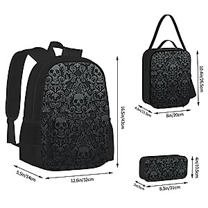Carlonge Black Skull Gothic School Backpack for Boys Girls Teen 3 Pieces Set Cute School Bag with Lunch Bag Pencil Case, One Size