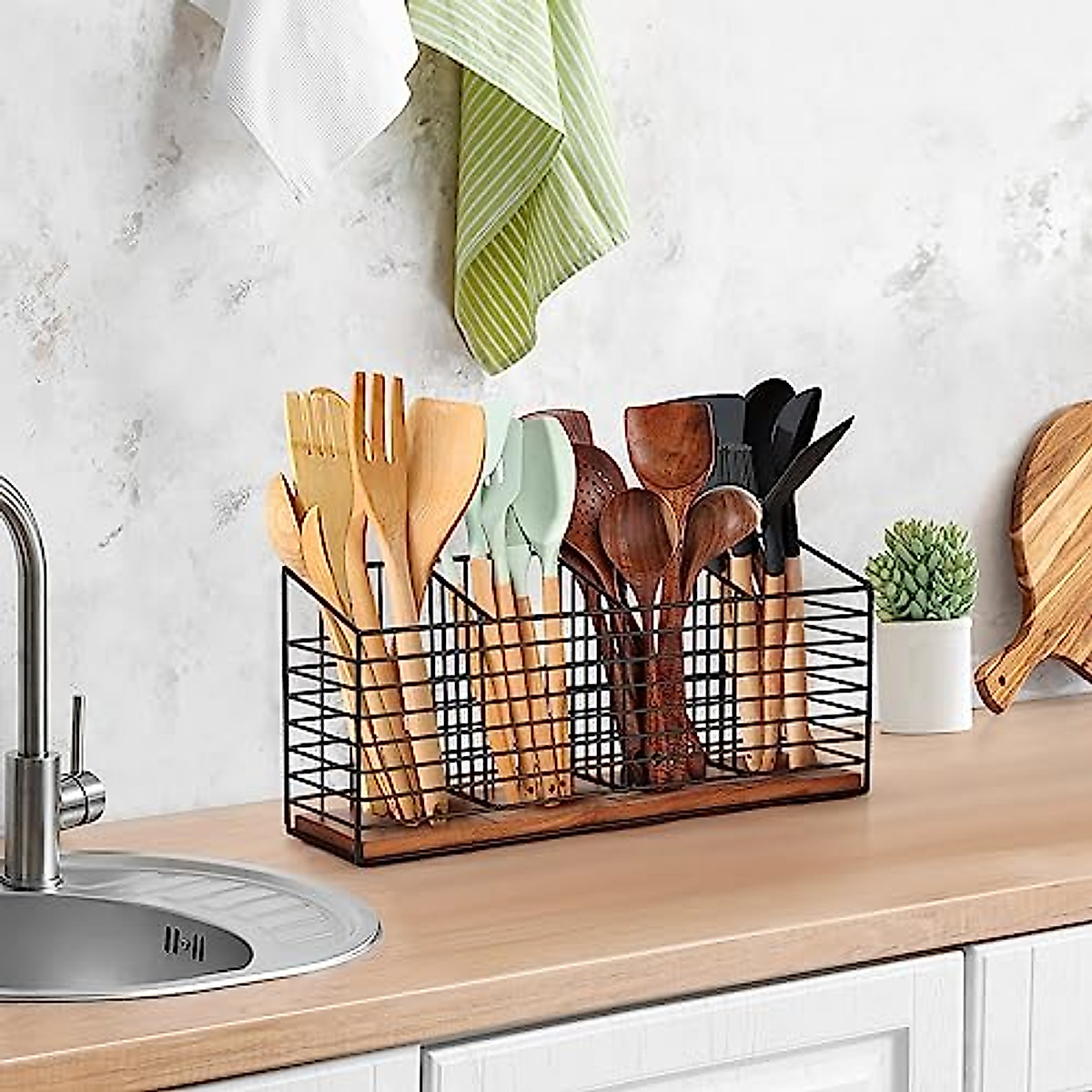 THYGIFTREE Large Utensil Holder for Kitchen Counter Black Metal Cooking Utensil Organizer for Countertop 4 Compartments Kitchen Tools Holder for Spatula Utensil Crock Caddy