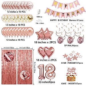 Foregiftsi 18th Rose Gold Birthday Party Decorations - Happy Birthday Banner, Fringe Curtain Heart Star Number 18 Foil Confetti Balloons Hanging Swirls Star Pendantx Cake Toppe for Women Girls