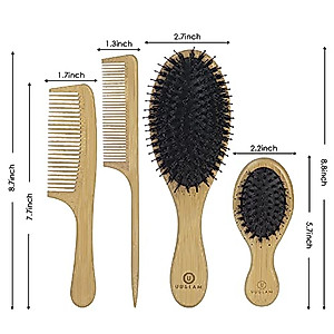Wet Dry Hair Brush and Comb Set-Natural Bamboo Bristles Boar Detangler Hairbrush for Long Short Thick Thin Curly Straight Wavy, Paddle Brush for Men Women Kids (4 pcs)