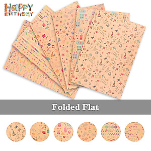 Larcenciel Birthday Wrapping Paper, 6 Sheets Kraft Gift Wrapping Paper, Balloons Cake Happy Birthday Wrapping Paper for Boys, Brown Gift Wraps for All Birthday, Holiday Party-Folded Flat-27.5x19.6inch