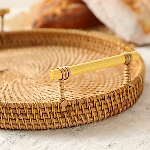 Round Rattan Coffee Table Tray with Handles - Woven Basket Food Decorative Tray ，Handmade Rattan Serving Tray with Handles ，Adorable Natural Bamboo Tray for Ottoman Coffee Table (Large/11 inch)