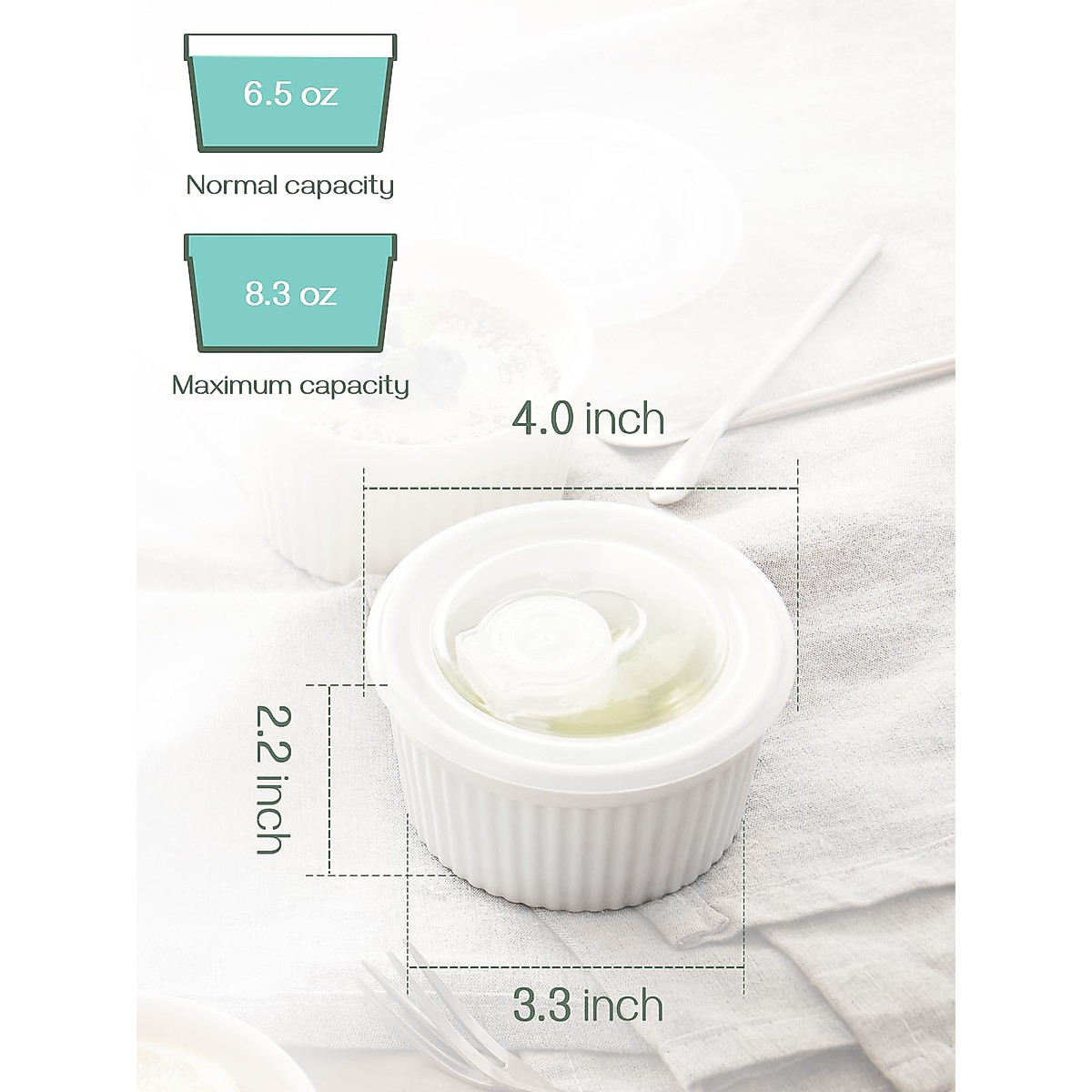 DOWAN Ramekins 8 oz Oven Safe with Lids, Creme brulee Ramekins Bowls with Covers, Porcelain White Ramekins Souffle Dishes for Baking, Stackable, Set of 6