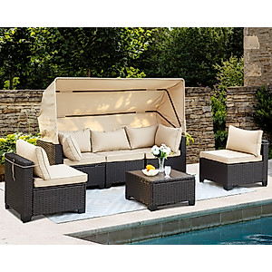 TITIMO 6 Pieces Patio Furniture Set Outdoor Conversation Set Daybed with Retractable Canopy, Patio Sectional Rattan Sofa Set with Adjustable Backrest for Poolside Backyard (Beige) (Beige)