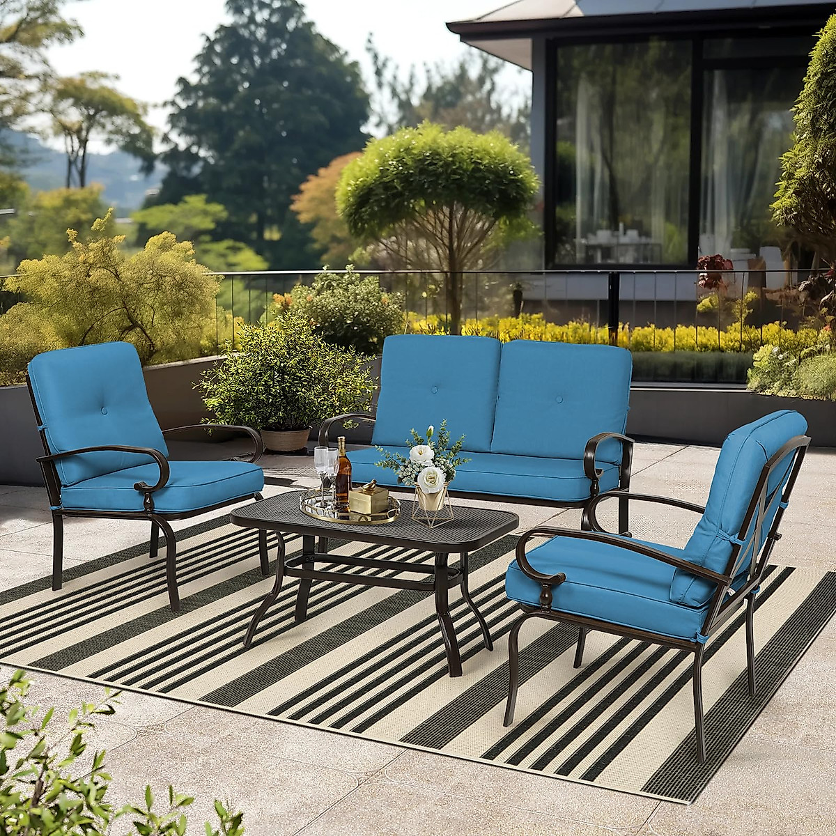 Oakmont 5Pcs Outdoor Furniture Patio Conversation Sets Loveseat, 2 Motion Spring Chairs with Coffee Table, Metal Frame Chair Set (Peacock Blue)